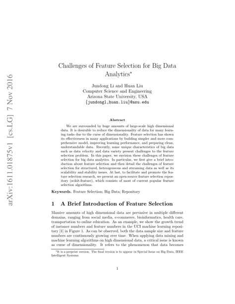 Pdf Challenges Of Feature Selection For Big Data Analytics