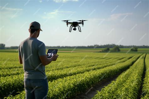 Premium Ai Image Farmer Using Drone Camera In The Field Generative By Ai