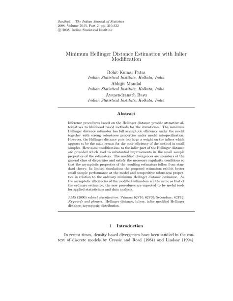 Pdf Minimum Hellinger Distance Estimation With Inlier Modification