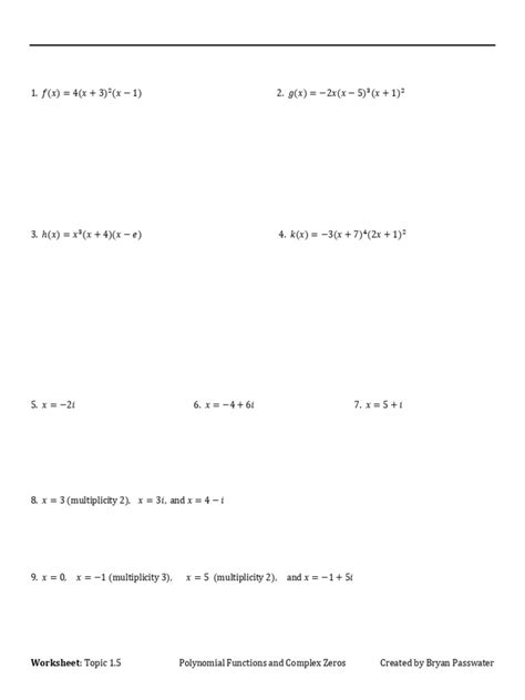 Worksheet Topic 15 Polynomials And Complex Zeros Pdf Zero Of A
