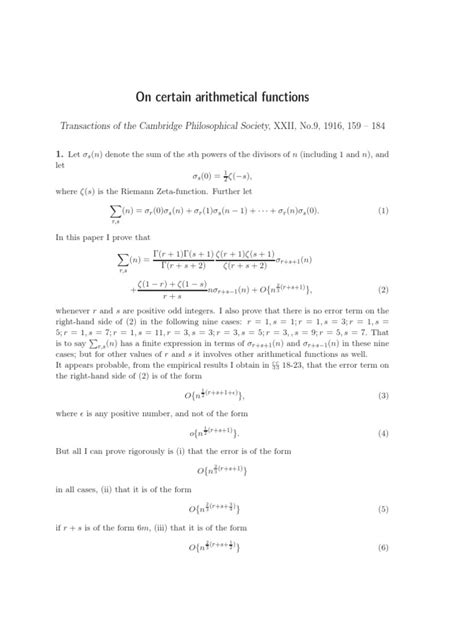 Ramanujan On Certain Arithmetical Functions Pdf Complex Analysis