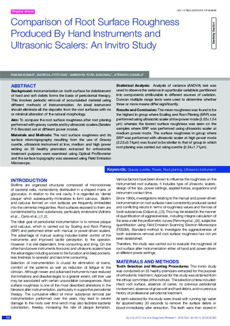 Pdf Comparison Of Root Surface Roughness Produced By Hand Instruments And Ultrasonic Scalers