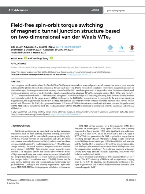 Pdf Field Free Spin Orbit Torque Switching Of Magnetic Tunnel Junction Structure Based On Two