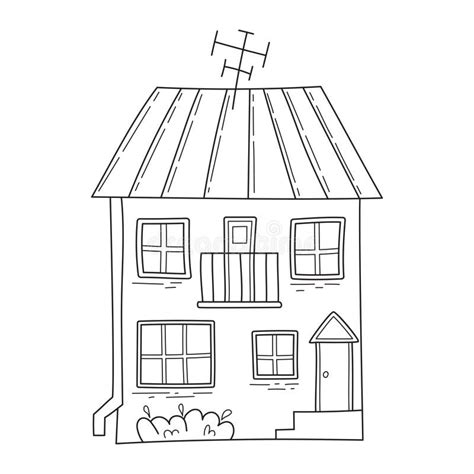 Simple House With Antenna A Bush And A Balcony In Sketch Doodle Style Stock Vector