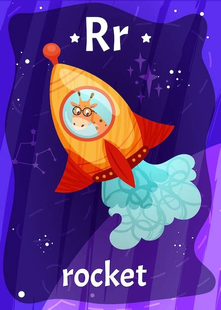 편지 R과 로켓 만화 인쇄용 공간 알파벳 플래시 카드 무료 벡터