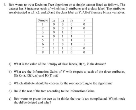 Solved Bob Wants To Try A Decision Tree Algorithm On A