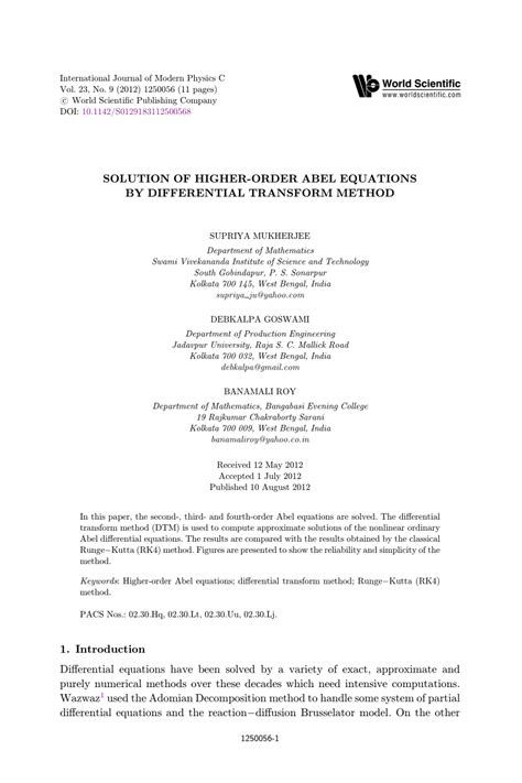 Pdf Solution Of Higher Order Abel Equations By Differential Transform Method