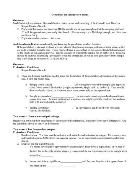 Conditions For Inference On Means One Mean
