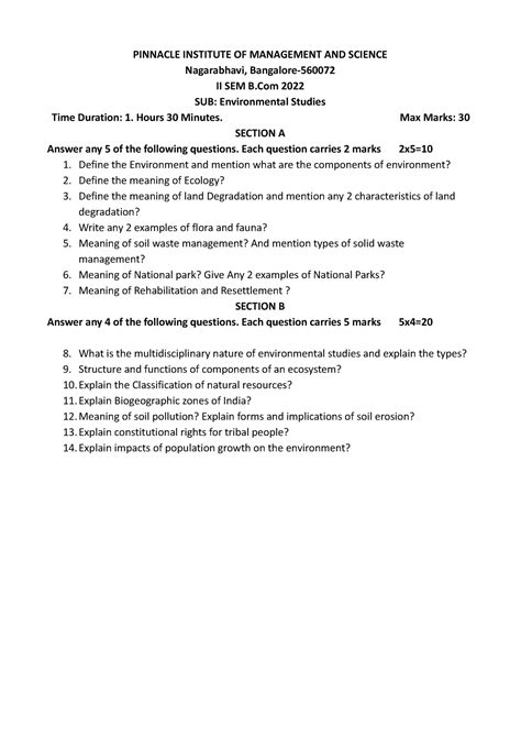 EVS Model Paper Informative PINNACLE INSTITUTE OF MANAGEMENT AND SCIENCE Nagarabhavi