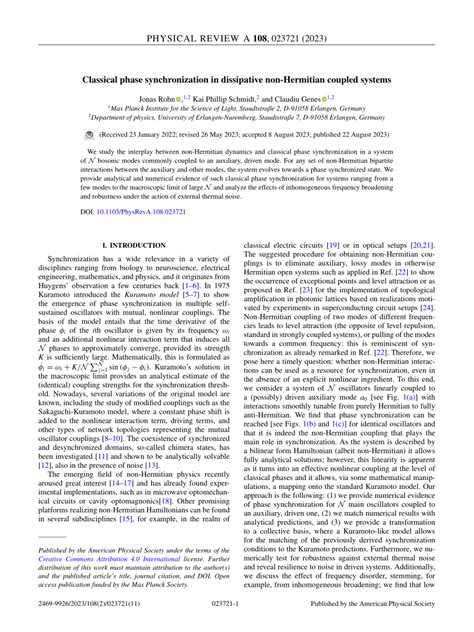 Pdf Classical Phase Synchronization In Dissipative Non Hermitian Coupled Systems