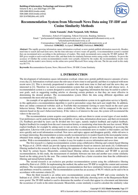 Pdf Recommendation System From Microsoft News Data Using Tf Idf And Cosine Similarity Methods