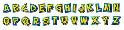 재미있는 만화 글꼴 팝 아트 스타일의 아이의 알파벳 어린이 일러스트 포스터 광고 장식을 위한 흰색 배경에 하프톤 효과가 있는 다층 노란색파란색 문자 1980 1989 년에