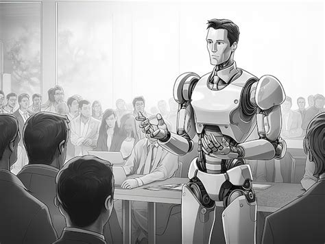 Premium Photo Robot Team Leader Guiding Human Employees Robot Sharing Data Network In Office