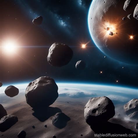 An Asteroid Field In Space An Explosion On One Of The Larger Asteroids Where A Spaceship Crashes