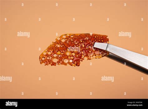 A Piece Of Smoking Cannabis Wax In Tweezers Dark Amber Thc Concentrate