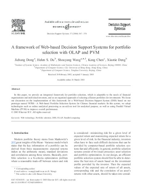 Pdf A Framework Of Web Based Decision Support Systems For Portfolio Selection With Olap And Pvm