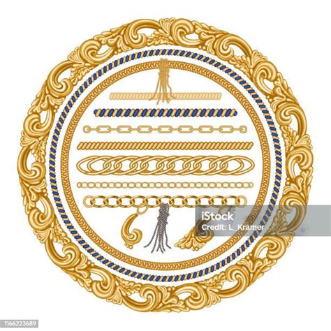 숄 반다나 프레임 텍스타일 프린지 디자인에 대 한 Acanthus 잎에서 골든 체인 패턴 케이블 및 바로크 황금 테두리 프리즈 세트 브러쉬 팔레트에 10 개의 패턴 브러시