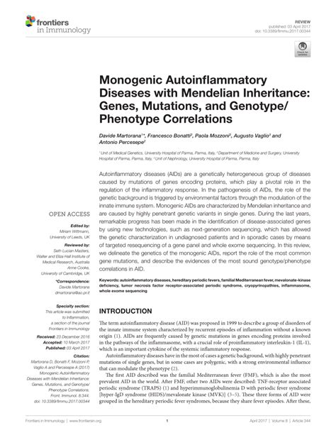 Pdf Monogenic Autoinflammatory Diseases With Mendelian Inheritance