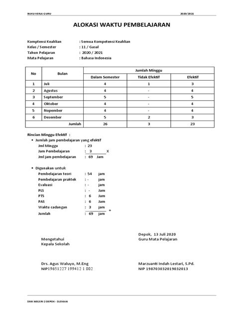 Contoh Alokasi Waktu Pembelajaran Pdf