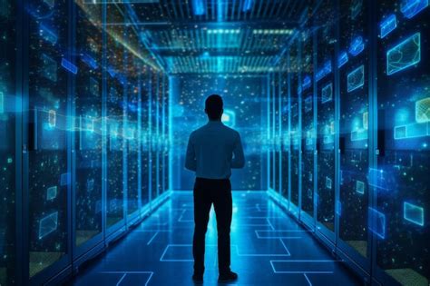 premium ai image back view of businessman standing in server room with binary code innovation