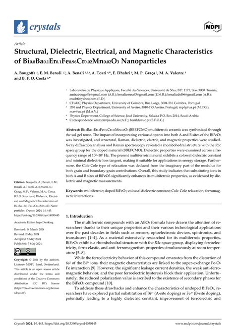 Pdf Structural Dielectric Electrical And Magnetic Characteristics Of Bi0 8ba0 1er0 1fe0