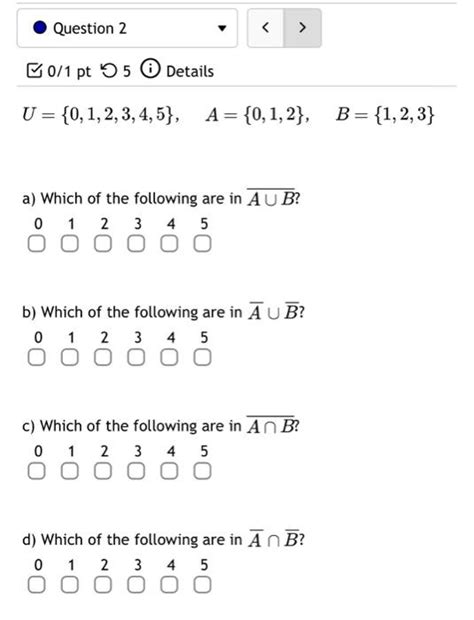 solved u {0 1 2 3 4 5} a {0 1 2} b {1 2 3} a which of the
