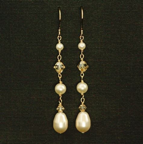 Long Pearl Earrings Gold Dangle Bridal Earrings Swarovski Crystal