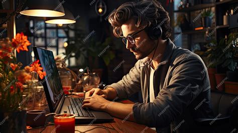 Premium Ai Image Young Man Playing A Computer Game On A Laptop At