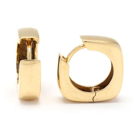 Solid Gold Square Huggie Hoop Earrings 14k Yellow Gold Length 58