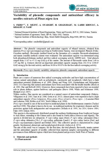 Variability Of Phenolic Compounds And Antioxidant Efficacy In Needles Extracts Of Pinus Nigra Arn