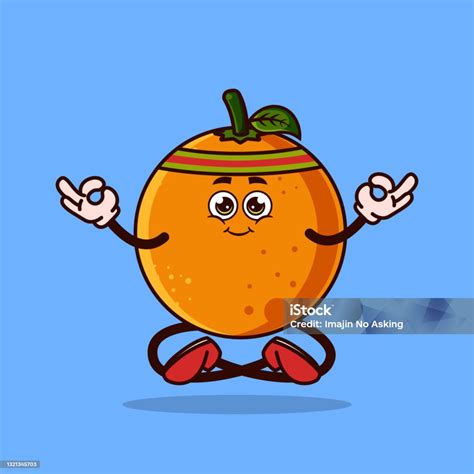 귀여운 오렌지 과일 캐릭터 명상 과일 문자 아이콘 개념 격리 이모티콘 스티커 플랫 만화 스타일 벡터 레몬에 대한 스톡 벡터 아트