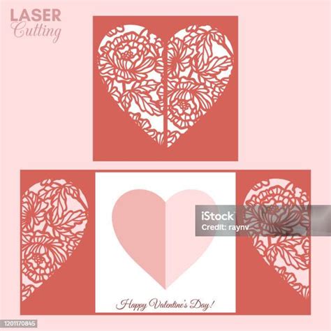 모란 꽃과 브로셔 결혼식 초대장 또는 발렌타인 데이 인사말 카드에 대한 패턴 하트 잎 게이트 폴드 카드의 레이저 컷 템플릿 0명에 대한 스톡 벡터 아트 및 기타 이미지