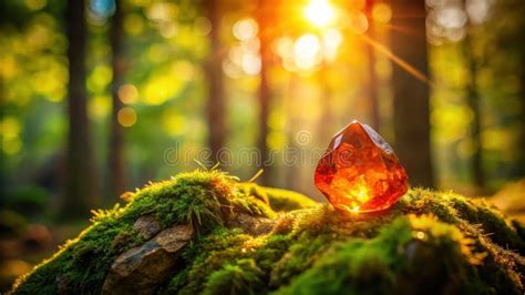 Sunlit Amber Gem Resting On Mossy Rock In Forest Generative Ai Stock