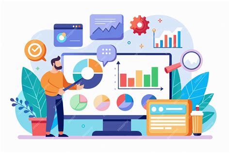 Premium Vector A Man Stands In Front Of A Large Computer Screen Pointing At A Pie Chart The