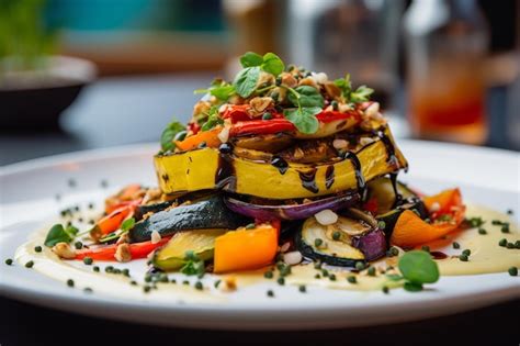 Elegant Plating Of Vegan Dish Roasted Vegetables And Quinoa White Plate