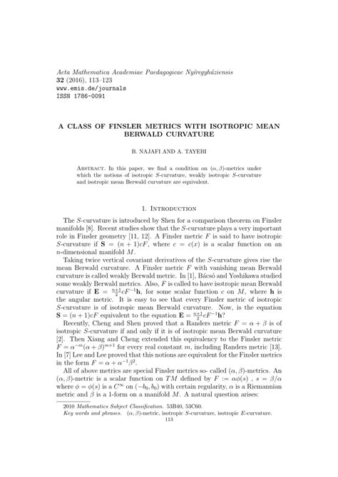Pdf A Class Of Finsler Metrics With Isotropic Mean Berwald Curvature