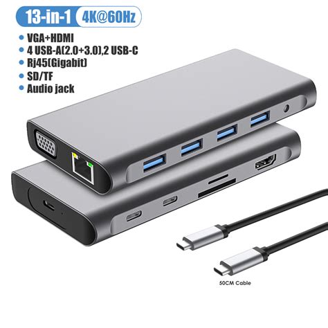 Port Usb Type C Hub For Dual Monitor Display K Hdmi Vga Rj Audio Jack Sd Tf Card Read Usb