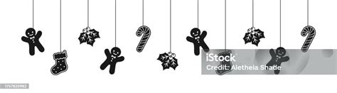 메리 크리스마스 테두리 배너 실루엣 매달려 진저 브레드 쿠키 화환 겨울 휴가 시즌 헤더 장식입니다 웹 배너 템플릿 벡터 일러스트 레이 션입니다 0명에 대한 스톡 벡터 아트