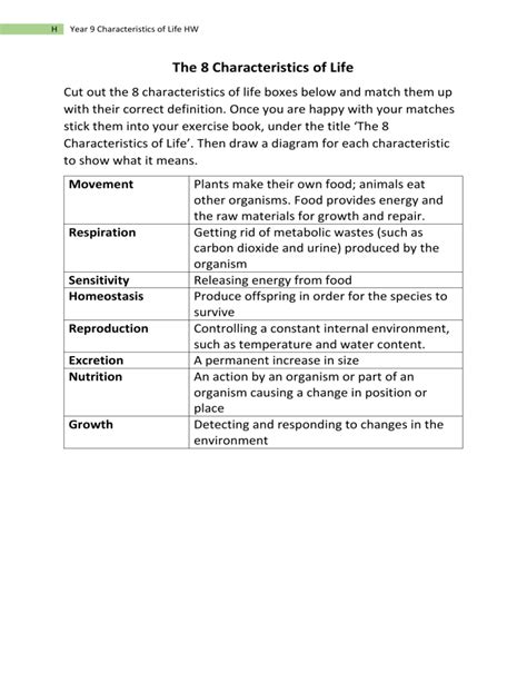 Year 9 Science 8 Characteristics Of Life Worksheet