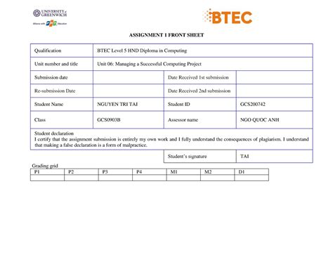 Asm1 1625 Nguyen Tri Tai Gcs2007 42 Assignment 1 Front Sheet Qualification Btec Level 5 Hnd