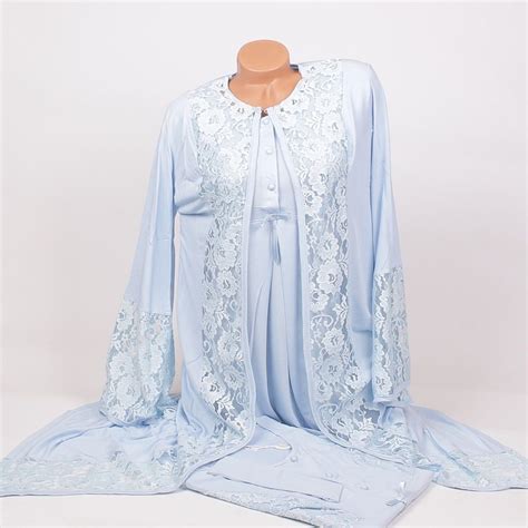 Син комплект три части халат нощница и пижама за бременни и родилки с дантела Dresses With