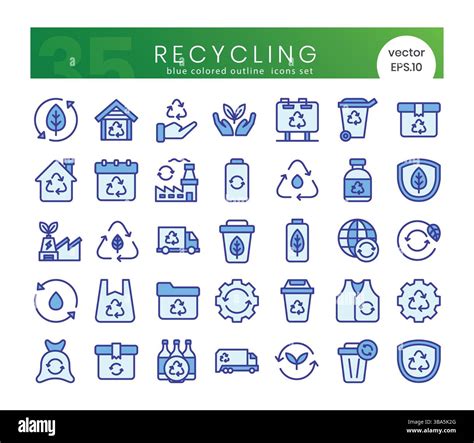 Set Of Recycling Icons Blue Color Outline Style Icon Bundle Vector