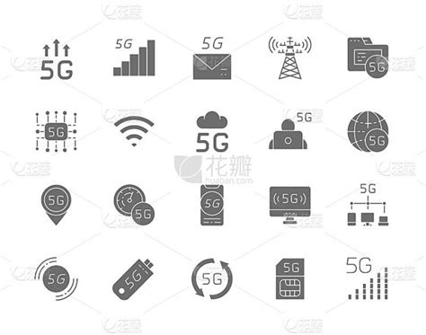 5g网络灰色图标集。数据库、无线芯片、云系统等。
