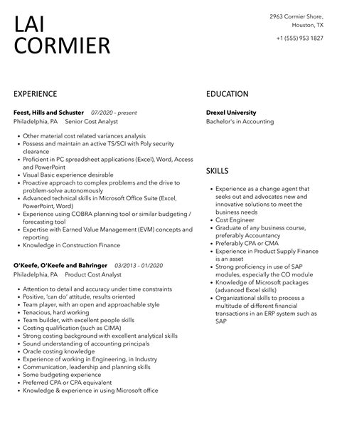 Cost Analyst Resume Samples Velvet Jobs