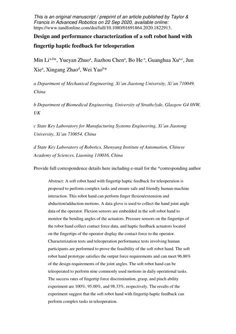 Pdf Design And Performance Characterization Of A Soft Robot Hand With Fingertip Haptic