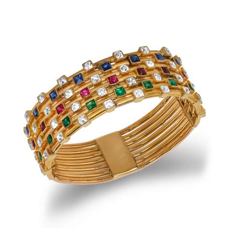 Belle Epoque Mellerio Diamond Emerald Ruby And Sapphire Seven Row Harem Bangle In 18ct Yellow