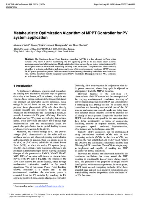 Pdf Metaheuristic Optimization Algorithm Of Mppt Controller For Pv