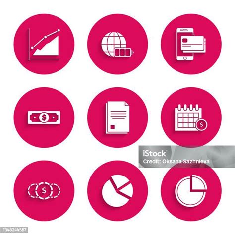 파일 문서 원형 차트 인포그래픽 금융 캘린더 달러 기호가있는 동전 돈 스택 종이 현금 휴대 전화 및 신용 카드 및 아이콘 벡터
