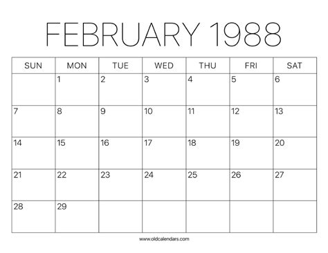 1988 Calendar February Printable Old Calendars