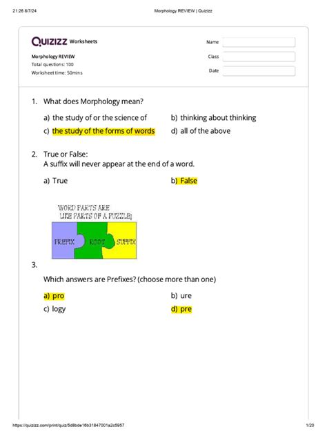morphology review quizizz pdf